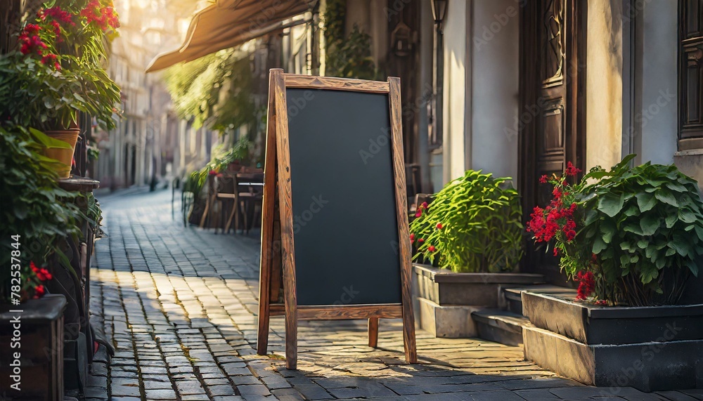 Blank blackboard restaurant shop sign or menu boards near the entrance ...
