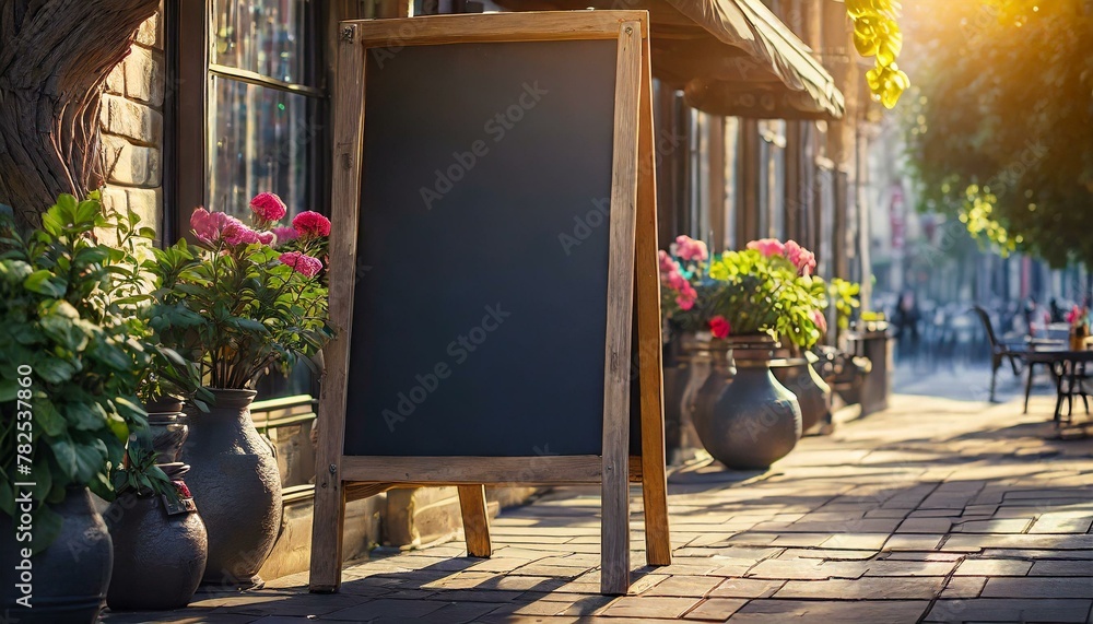 Blank blackboard restaurant shop sign or menu boards near the entrance ...