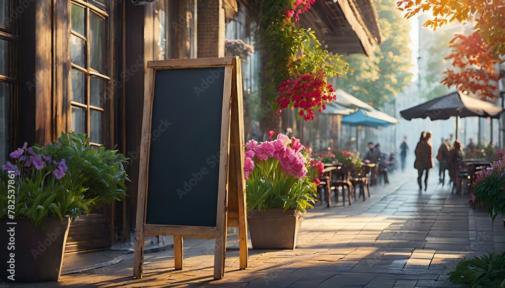 Blank blackboard restaurant shop sign or menu boards near the entrance ...