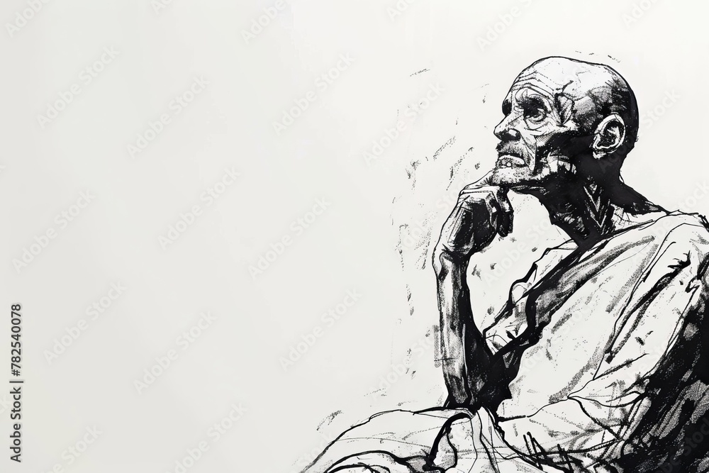 The simplistic, yet evocative ink drawing of a figure deep in thought ...