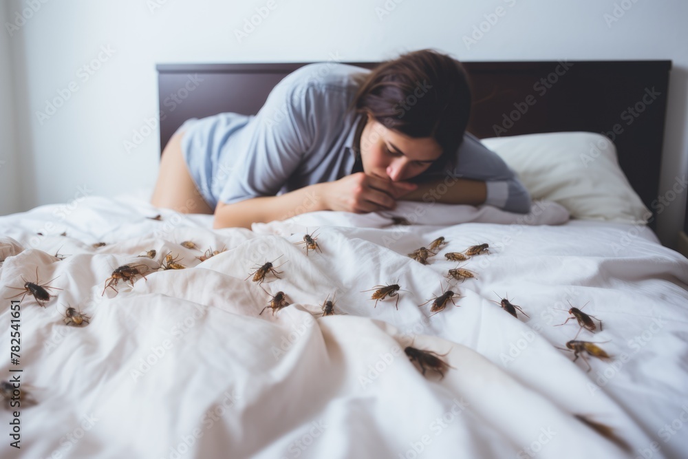 A distraught woman lying in bed with a swarm of cockroaches, depicting ...