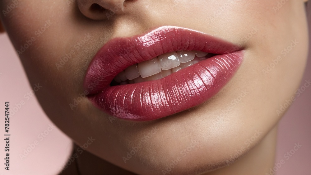 Pair of lips slightly parted, showcasing glossy, meticulously applied ...