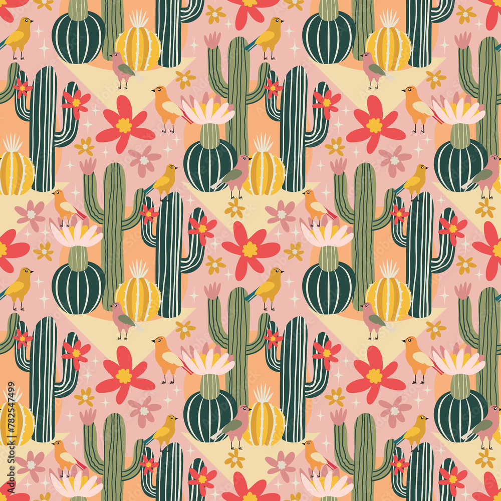 Seamless desert cactus pattern. Summer cactus with blooming. Succulents ...