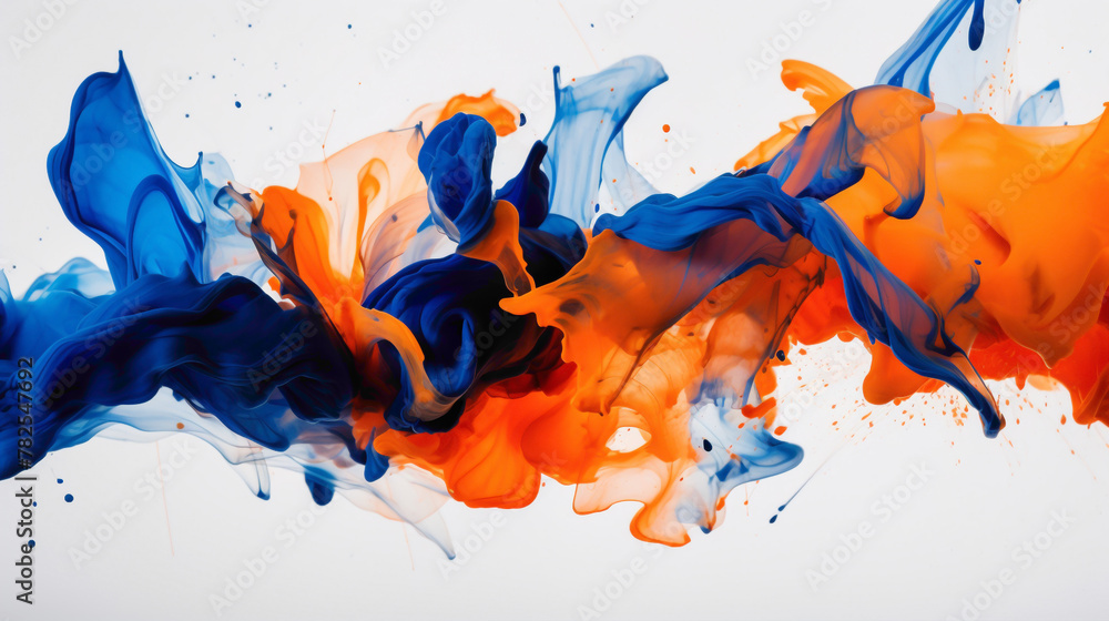Dynamic Splashes Of Neon Orange And Electric Blue Agnst A Pure White Background Capturing The