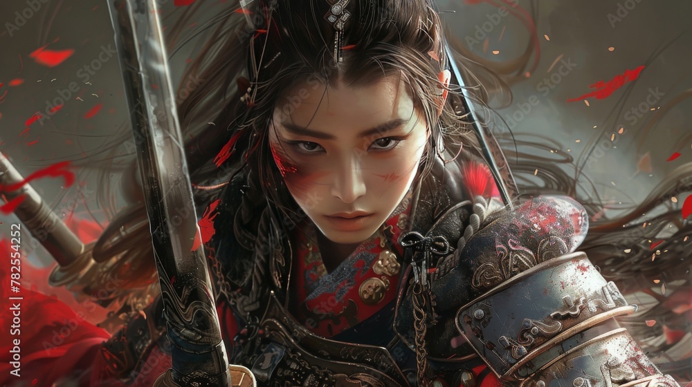 Digital art of female samurai with a katana. Mysterious futuristic ...