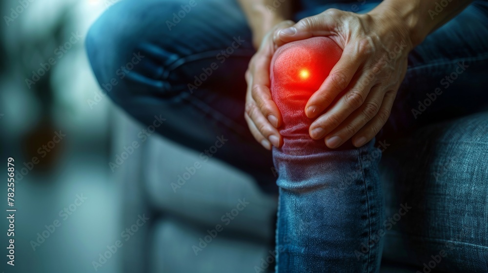In studio shot on gray background, red highlighted painful area on knee ...