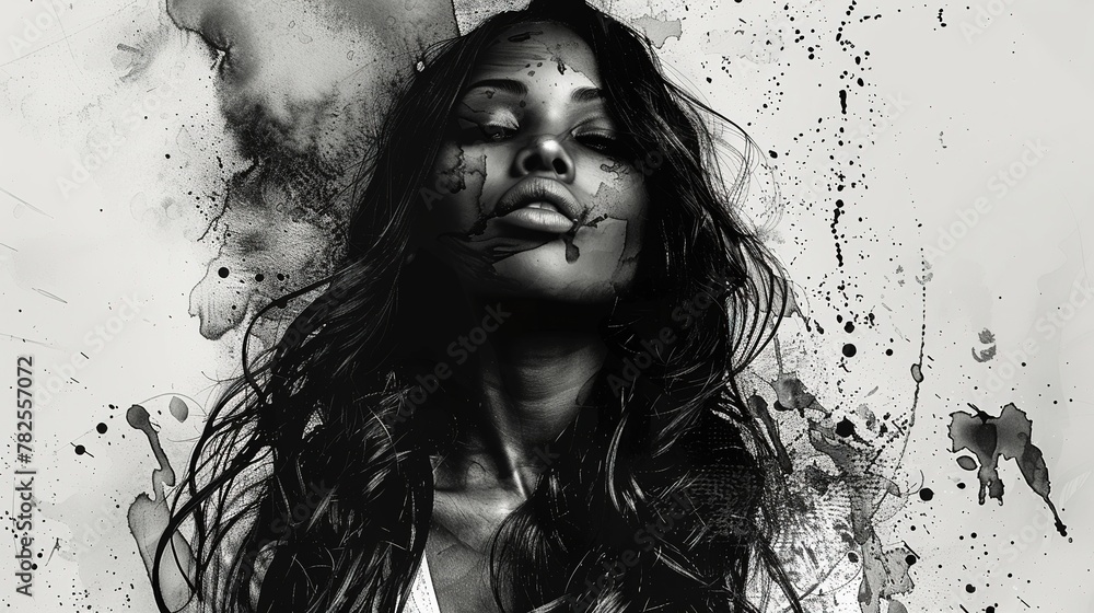 Monochrome illustration of black woman with watercolor paint splashes ...
