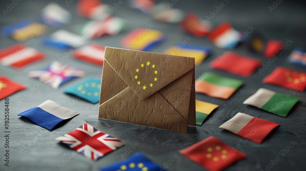 Diplomatic envelope passing between flag icons, isolated background ...