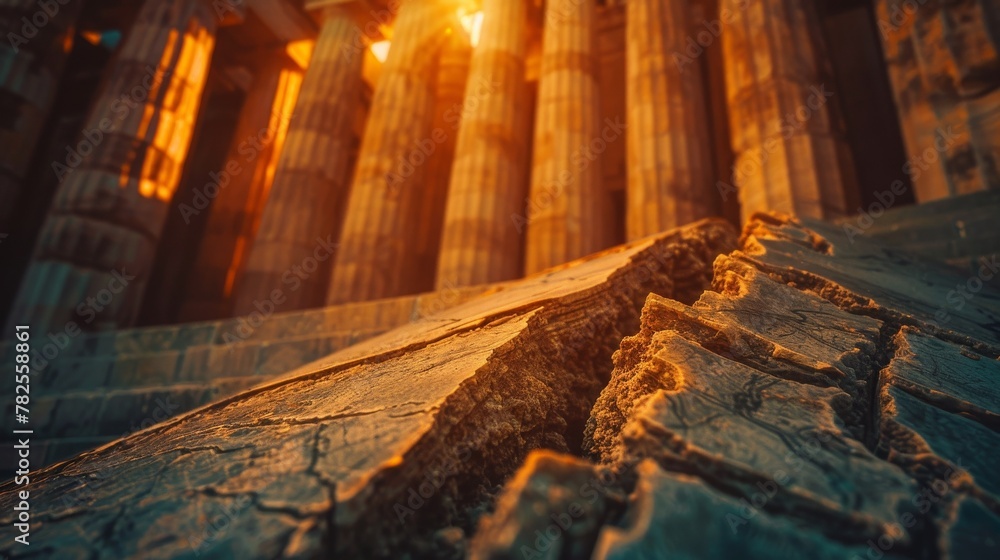 Bank building with a crack, bright background, representing financial ...