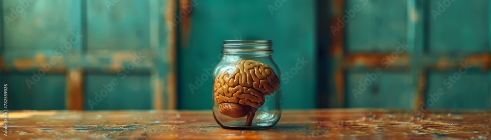 Brain in a jar, minimalist, space for text, representing mental health ...