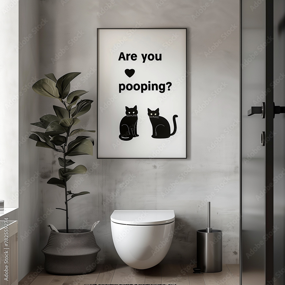 interior with toilet and poster with cats with text "Are you pooping ...