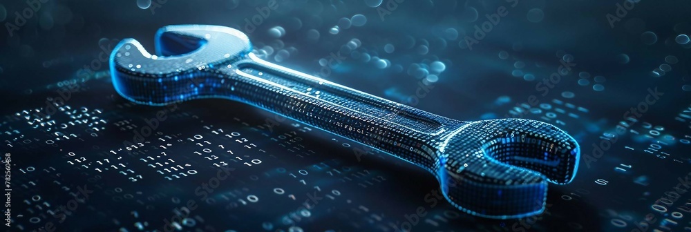 blue digital wrench spanner with glowing binary code, AI in maintenance management systems ...