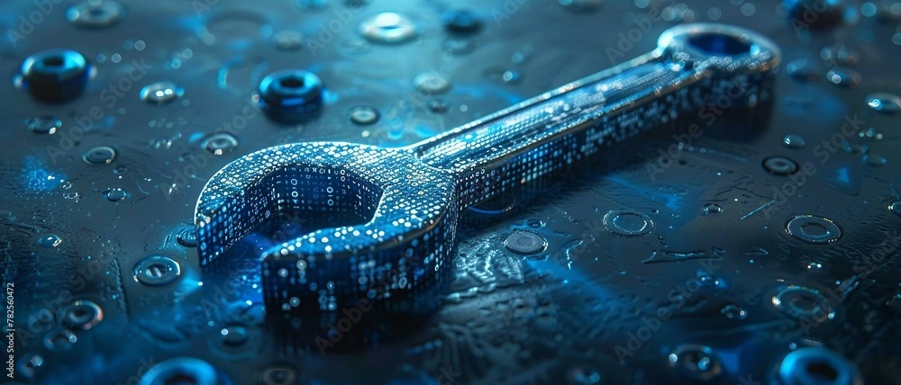 blue digital wrench spanner with glowing binary code, AI in maintenance management systems ...