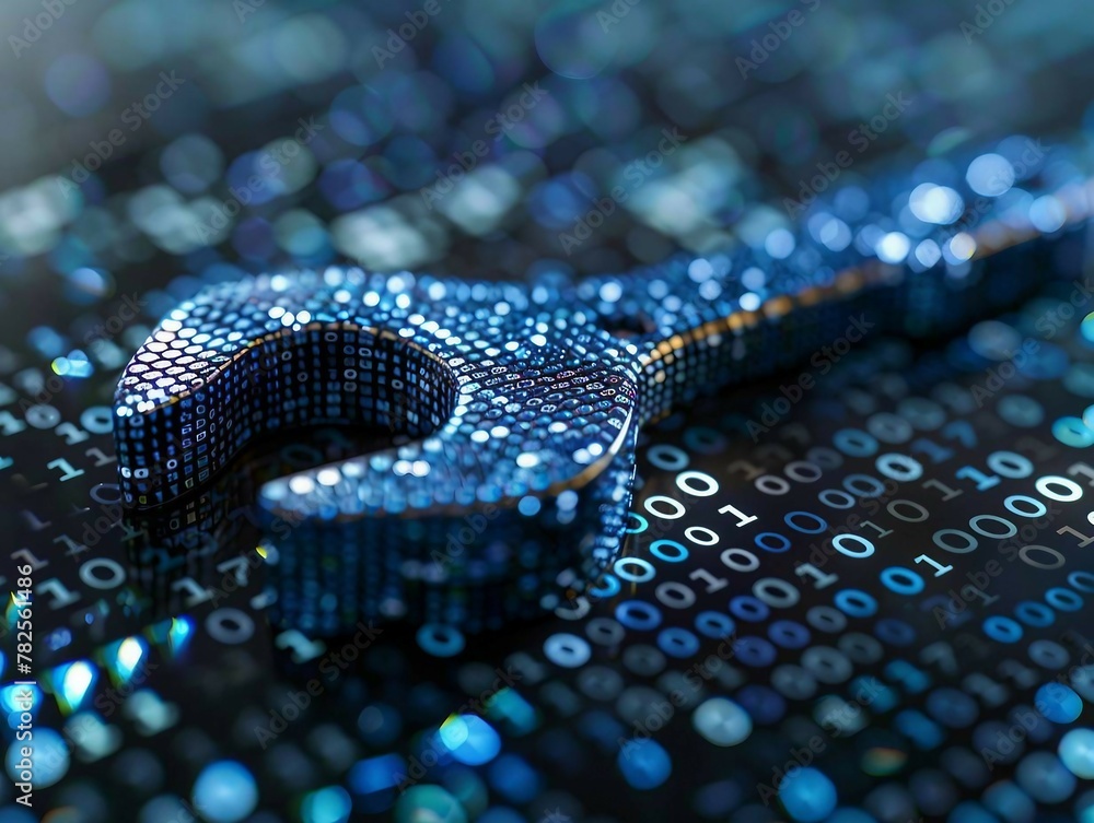 blue digital wrench spanner with glowing binary code, AI in maintenance management systems ...