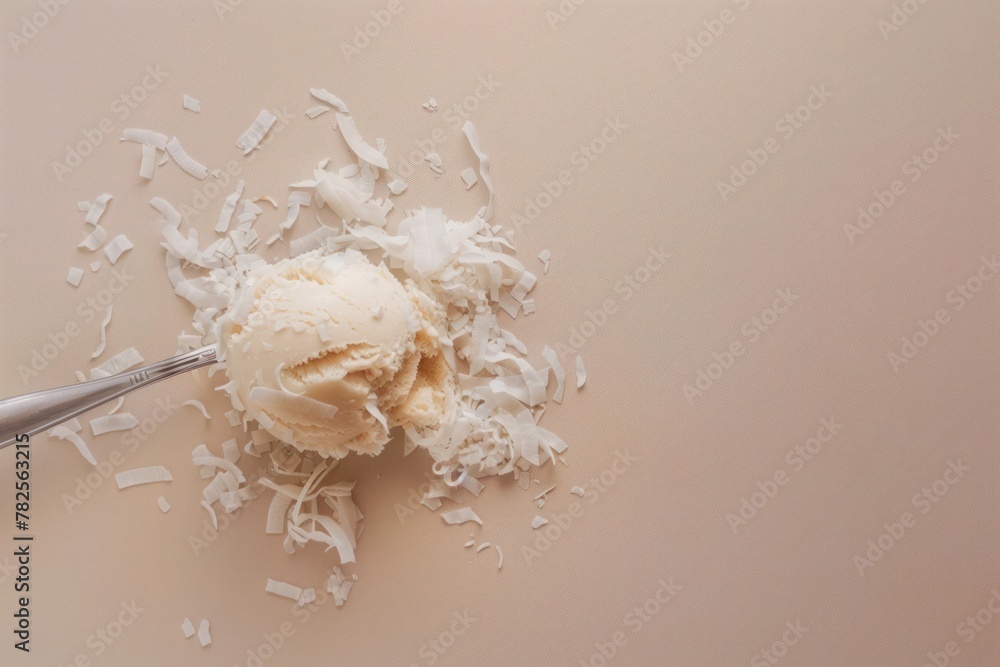 Tropical coconut ice cream scoop with shredded coconut on a soft beige ...