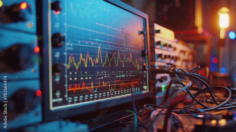 Close-up view of a monitor displaying colorful audio waveforms in a ... Close-up view of a monitor displaying colorful audio waveforms in a ...