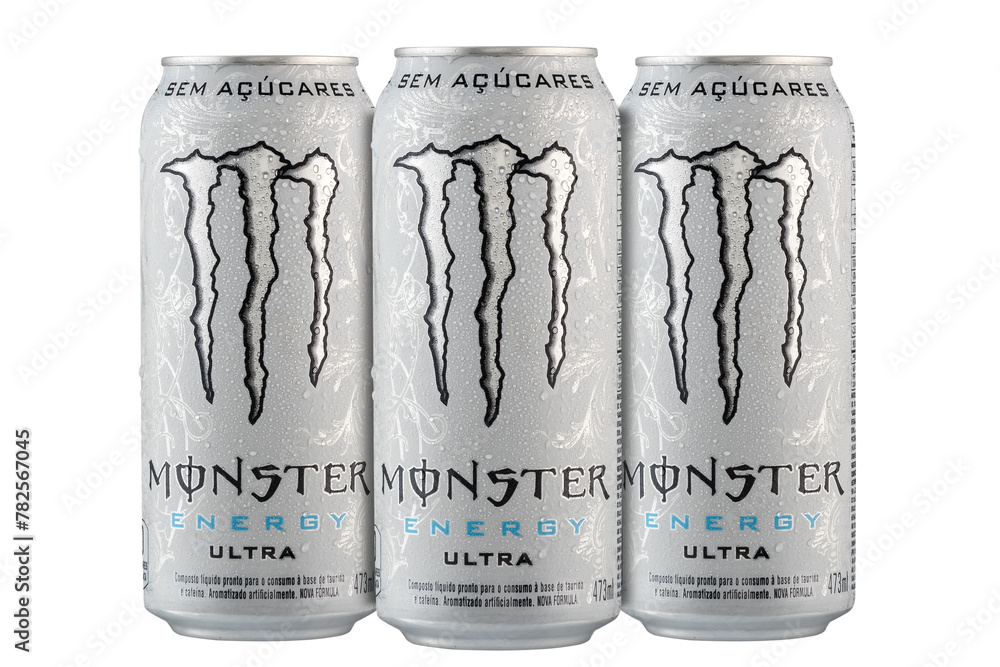 SÃO PAULO, BRAZIL - APRIL 07, 2024 THREE LATINS OF MONSTER ENERGY DRINK ...