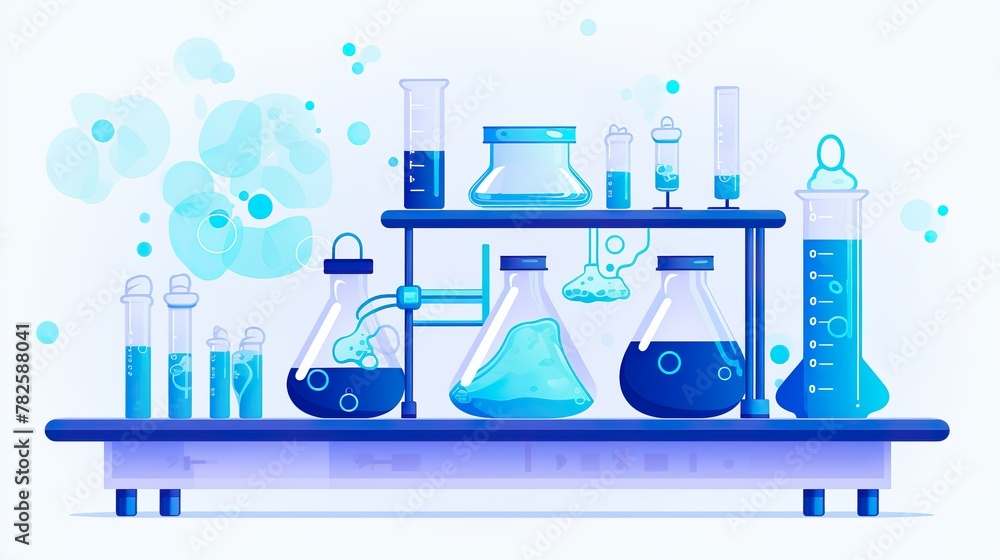 Detailed illustration of a chemistry lab setup with a modern blue color ...