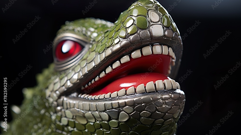 This dynamic image captures the vibrant green scaly texture and ...