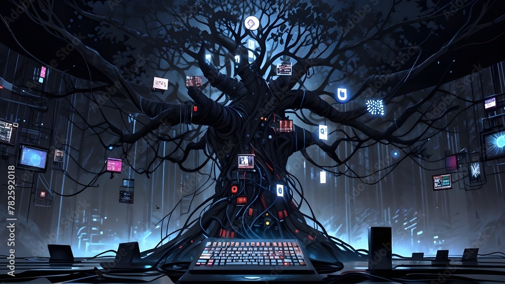 Dark fantasy illustration depicting a massive data tree, with its ...