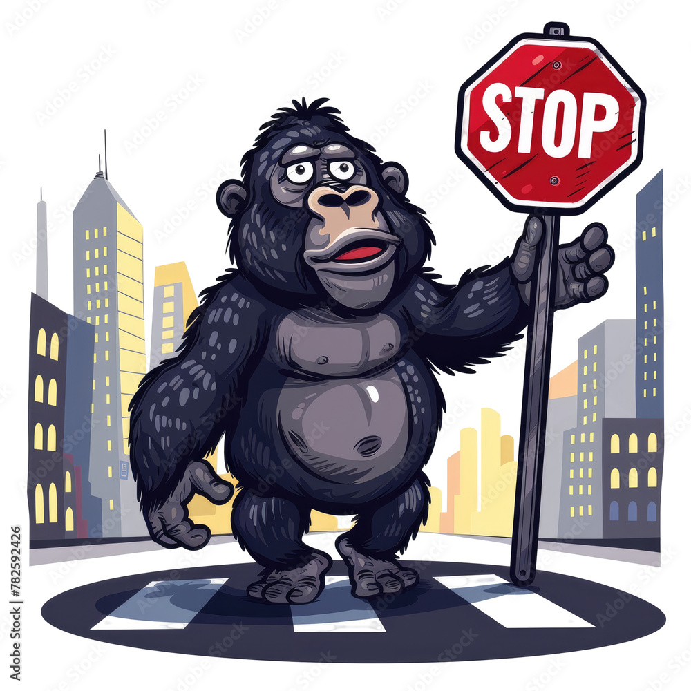 Gorilla in cartoon style holding a stop sign amidst a bustling city ...