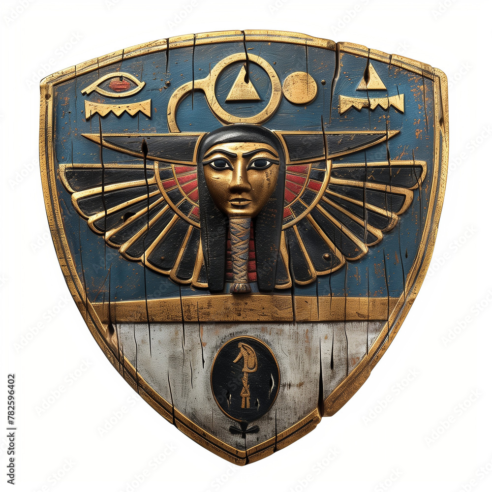 Shield with Winged Egyptian Goddess and Symbolic Hieroglyphic Icons ...