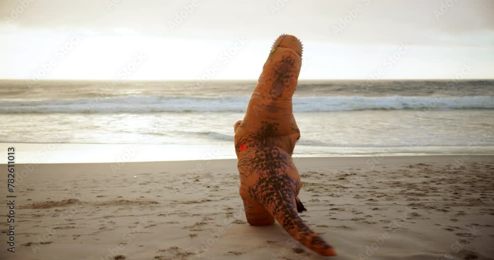 Beach, inflatable and dinosaur costume and comic, sunset and ocean at ...