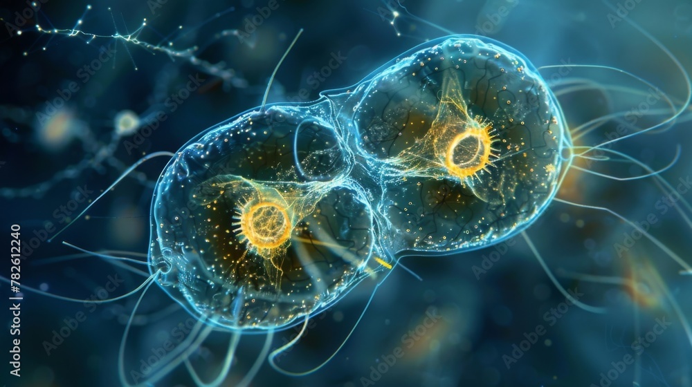 A microscopic image of a ciliate undergoing binary fission splitting ...