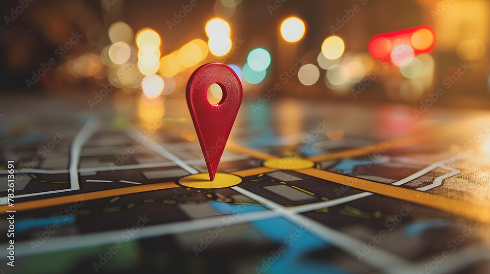 red pin point indicating a new location on a colorful map, navigation ...