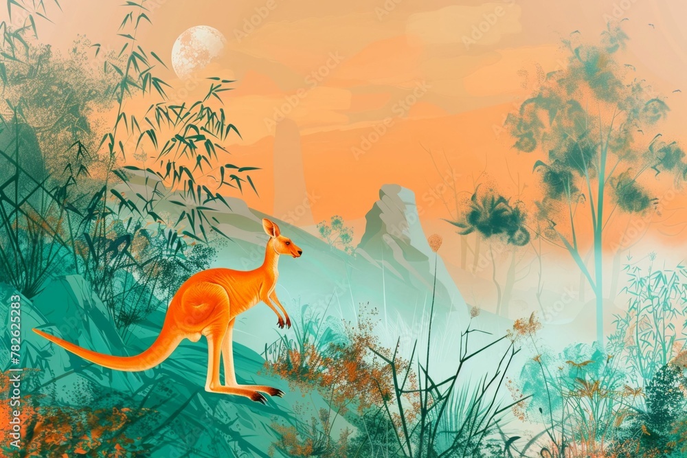 Kangaroo in Outback, dynamic posture anatomy in vector, dusk light ...