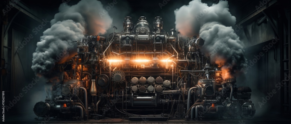 dieselpunk complex engine with many glowing and moving parts that fills ...