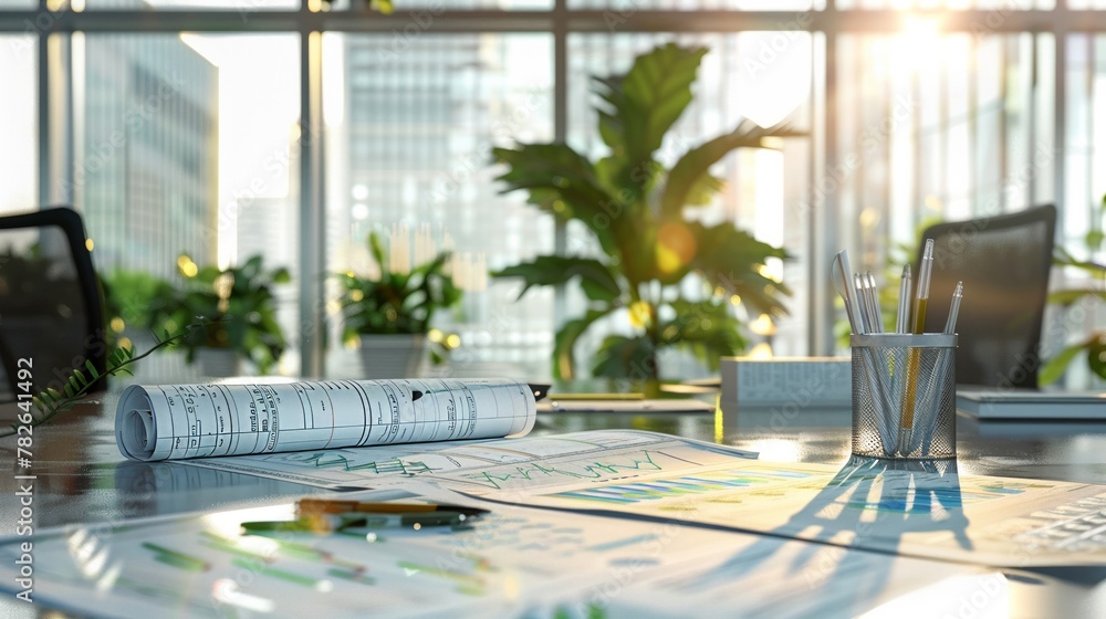 Calm office space with plans, graphs, and morning light, reflecting ...