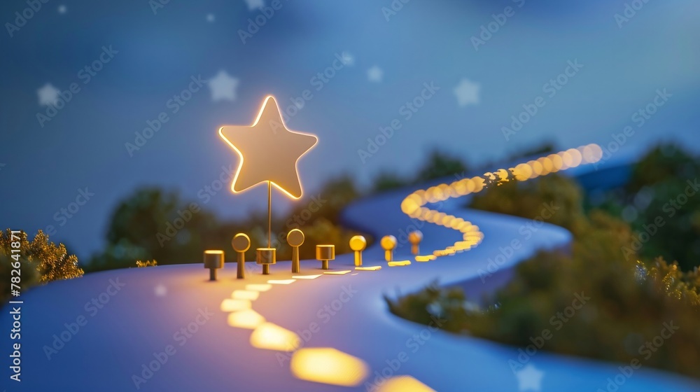 Path winding through milestone markers under a guiding star ...