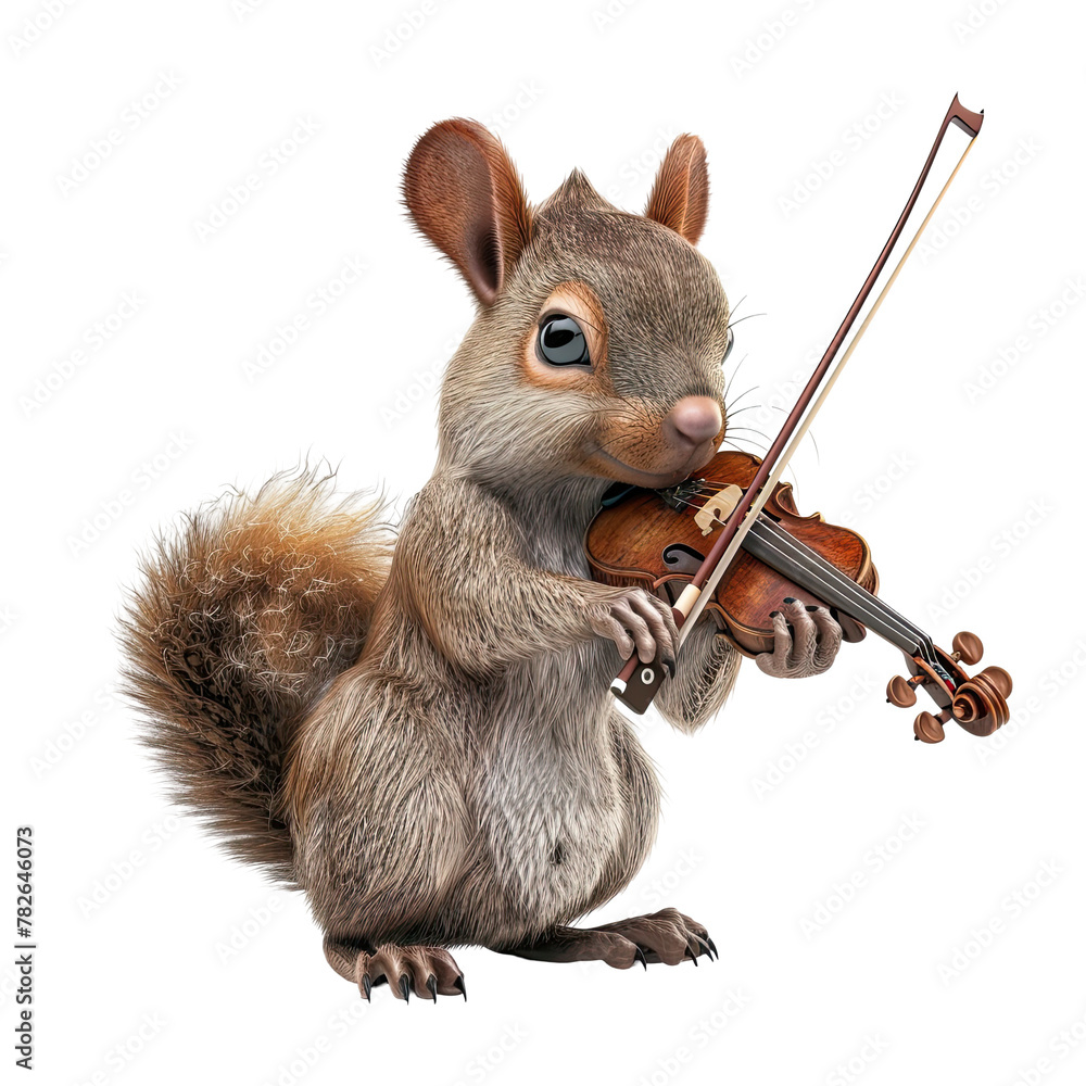 Cartoon squirrel performs violin to crowd on transparent background ...