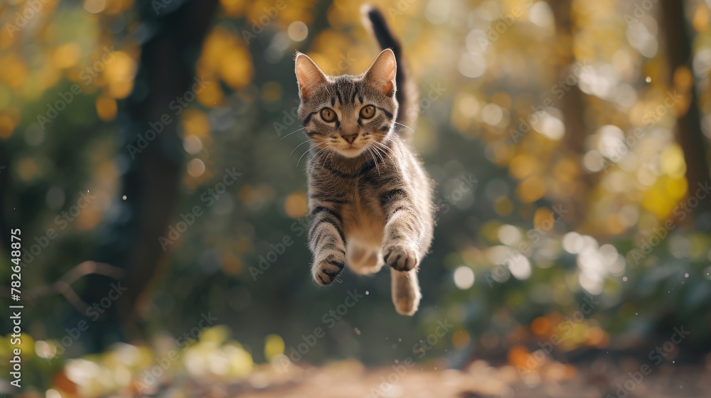 A playful tabby cat jumps mid-air with ears perked and tail held high ...