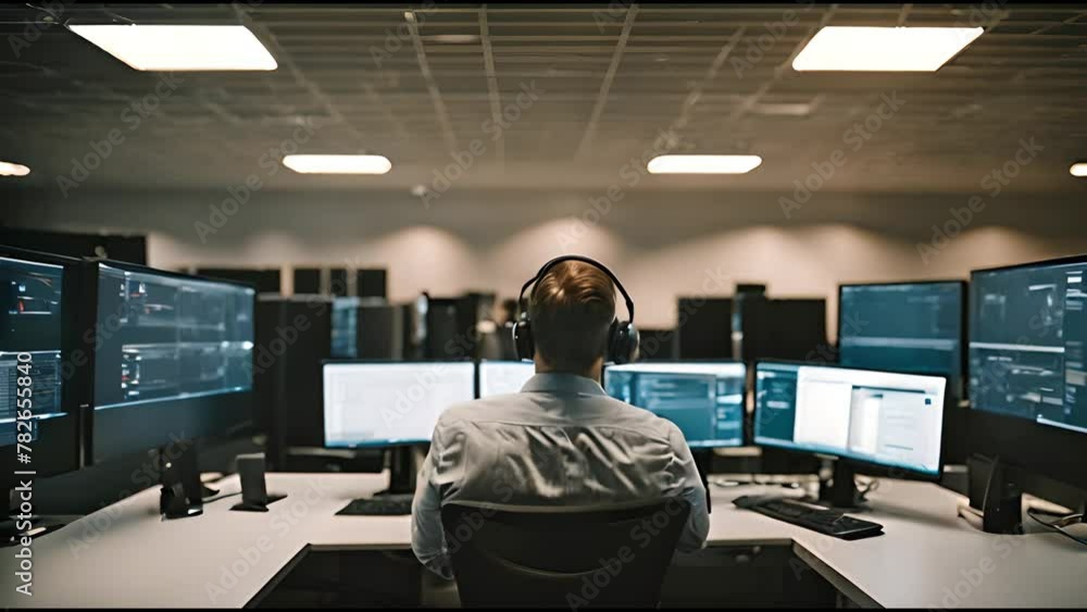 Back View of IT Specialist Working in Data Center with Triple Monitor Setup, Engaged in Software ...
