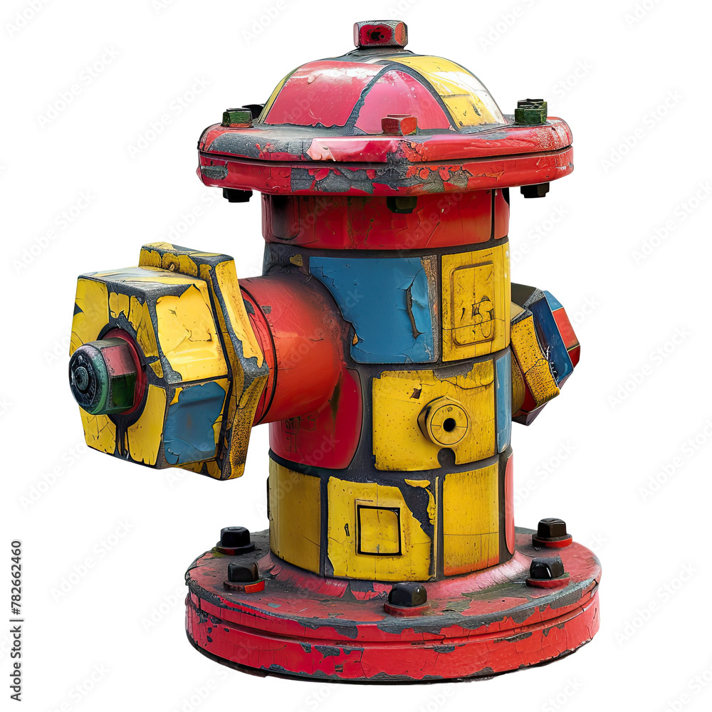 A vibrant fire hydrant painted with a red top and yellow and blue trim ...