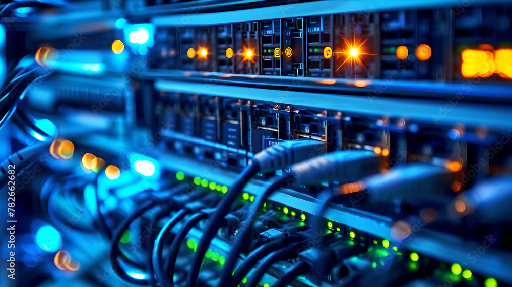 close-up shows tidy wires connecting fiber optic cables to ports in data center, cables plugged ...