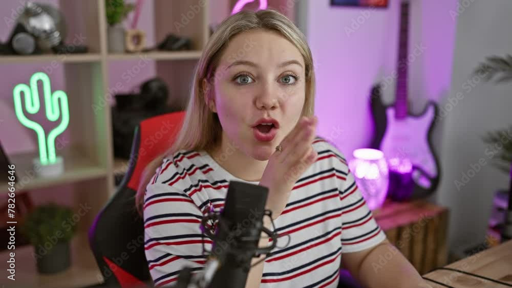 Vidéo Stock Gaming room gossip, blonde streamer captured whispering ...