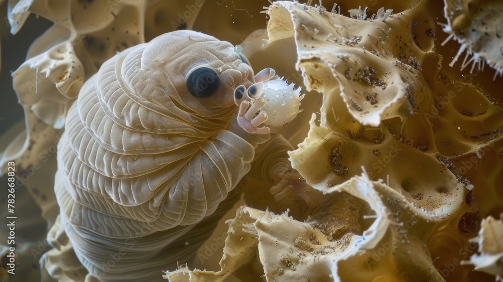 Magnified view of a Tardigrade engulfing a small spherical object with ...