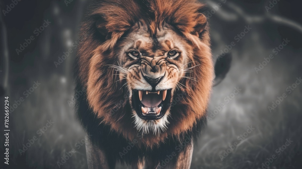 color photo of a fierce and majestic roaring lion, its powerful jaws ...
