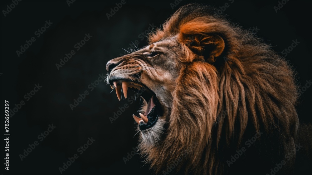 color photo of a formidable roaring lion, its piercing gaze and bared ...