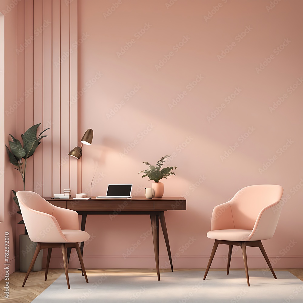 Workplace in Peach Fuzz color trend. Painted walls and rich furniture ...