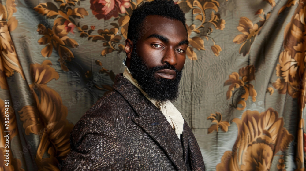 A dapper black man poses against a lavish velvet backdrop dressed in a ...