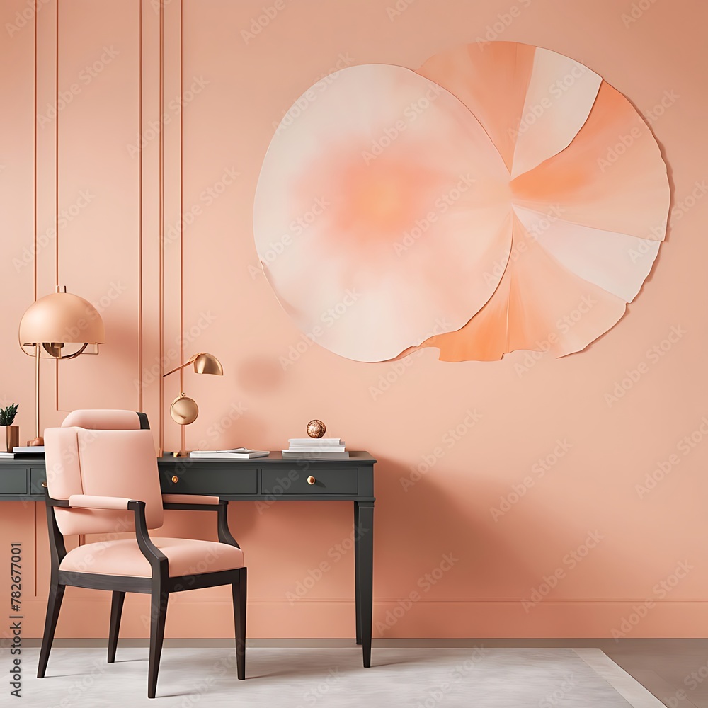 Workplace in Peach Fuzz color trend. Painted walls and rich furniture ...