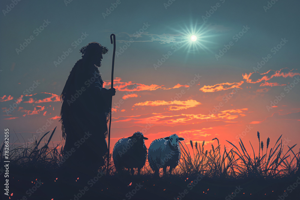 Shepherd Jesus Christ leading the sheep and praying to God. Jesus ...