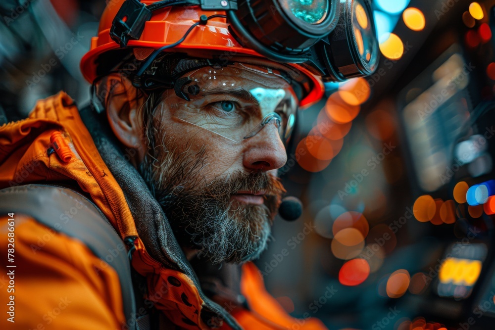 A miner in orange gear intensely focuses while configuring a high-tech ...