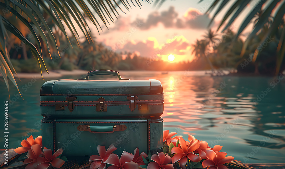 vacation travel time banner, open travel suitcase with exotic ...