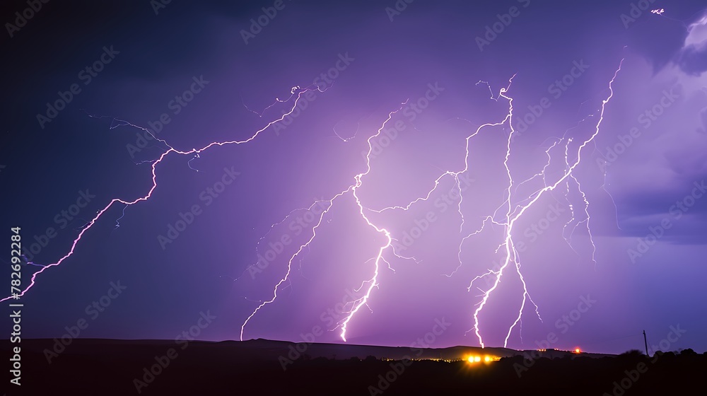 Two large lightning bolts striking the ground at the night sky, with ...