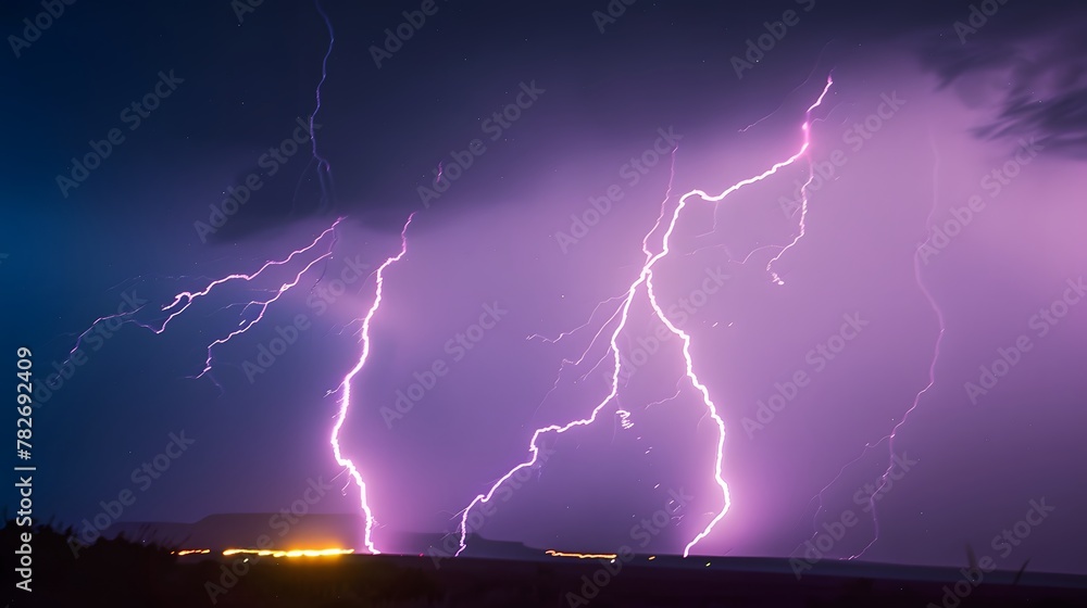 Two large lightning bolts striking the ground at the night sky, with ...